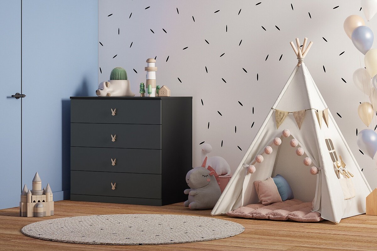 Комод МебельЛэнд24 Банни - 4 МДФ Черный Агат 80x52x80 с 4 ящиками