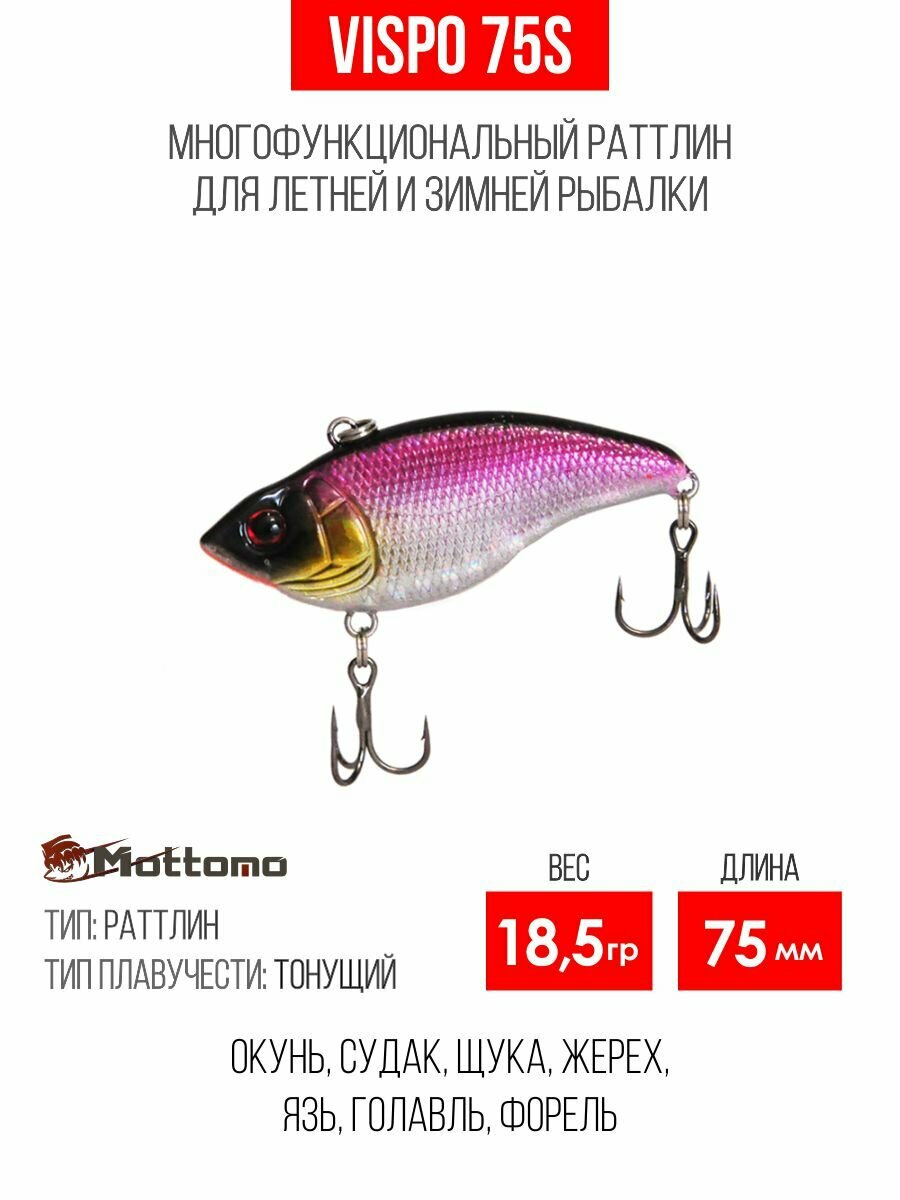 Воблер для рыбалки Mottomo Vispo 75S 18,5g раттлин тонущий для спиннинга, троллинга. Приманка на щуку, окуня King Salmon