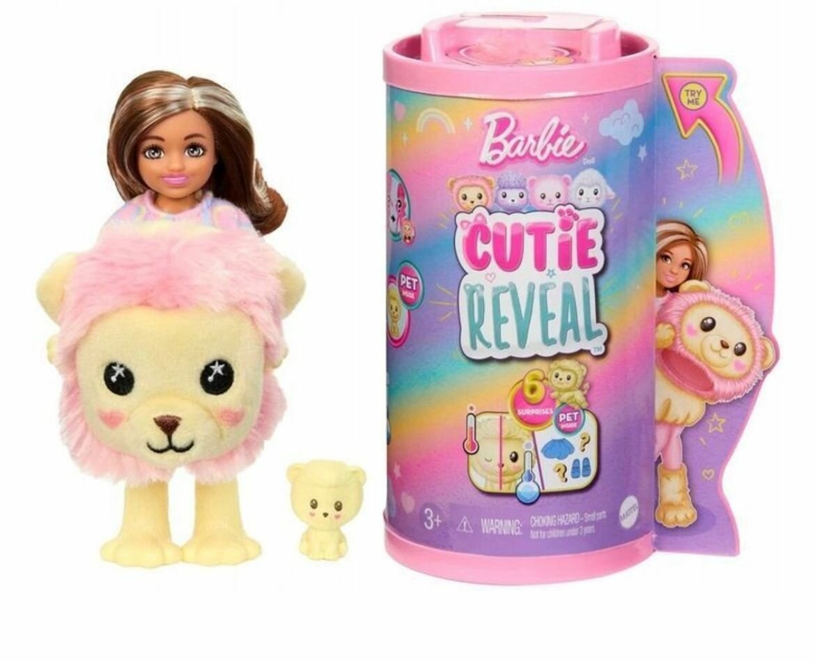 Кукла Barbie Cutie Reveal - Кукла Chelsea Lion + домашнее животное/ Барби в костюме льва с 6 сюрпризами HKR21