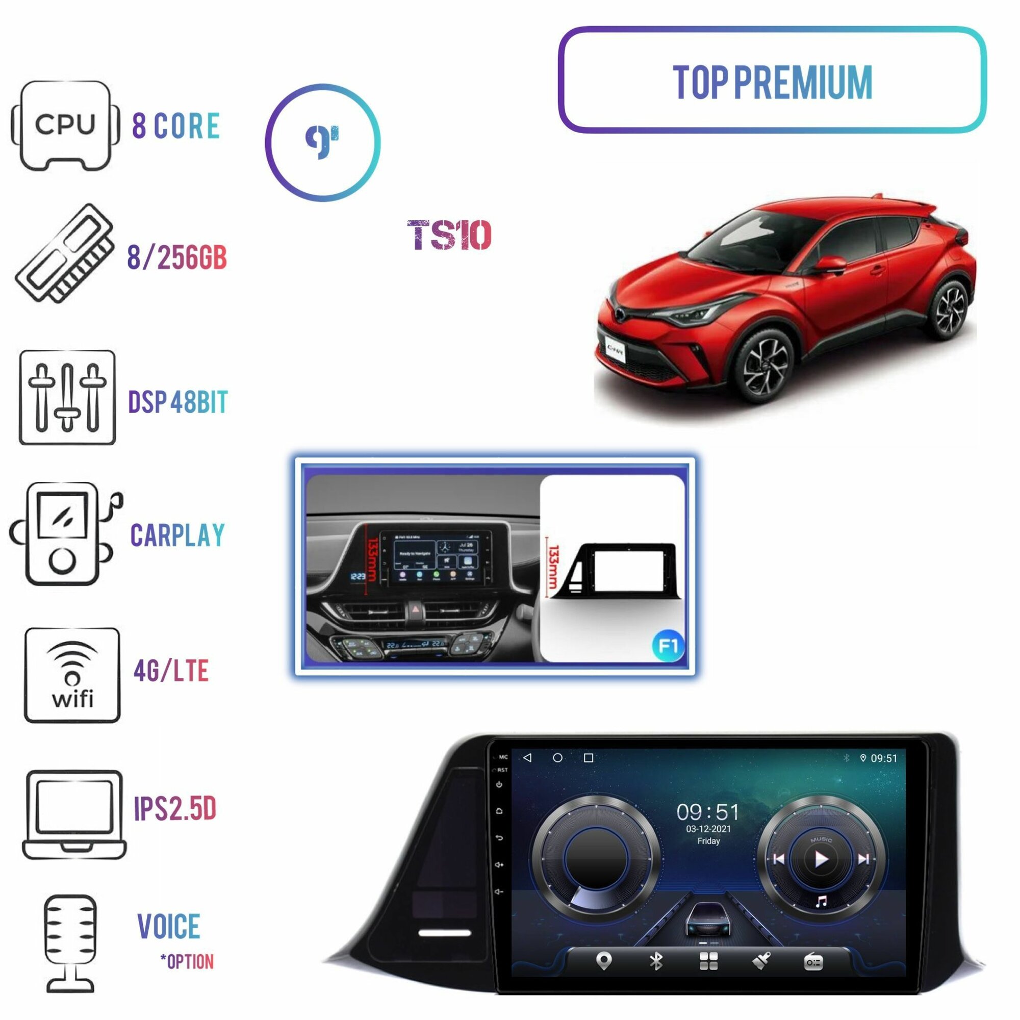 Магнитола XY AUTO TS10, для Toyota C-HR, 2016+, 8GB, 256 GB, Android 11, IPS, 1024 x 600