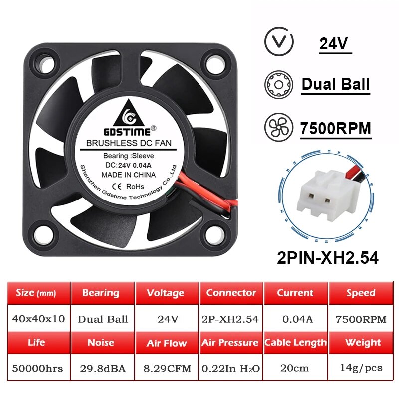 GDSTIME 40 мм кулер 5В 12В 24В 2Pcs 4010 fan, 24V 2Ball 7500RPM