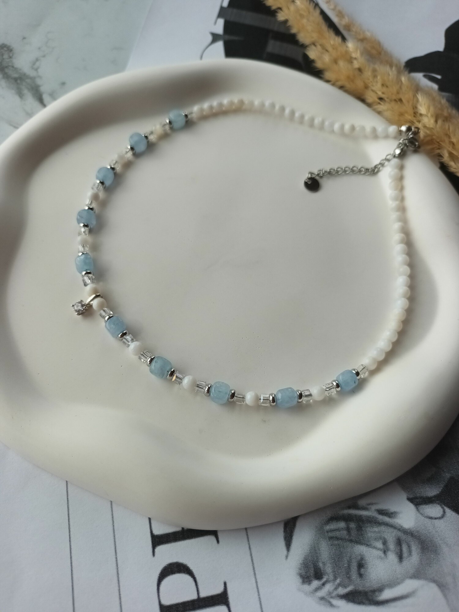 Колье, перламутр, аквамарин синтетический