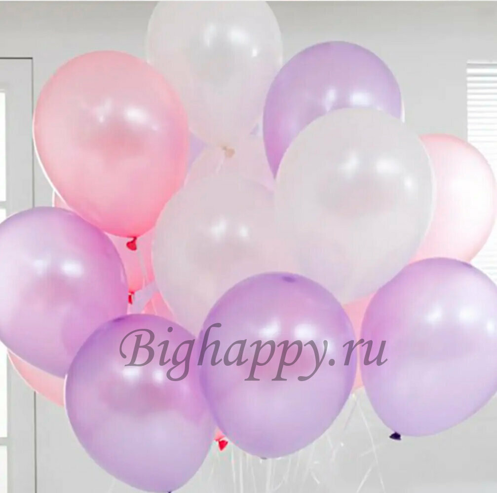 Шары с гелием перламутр микс: розовый, сирень, белый