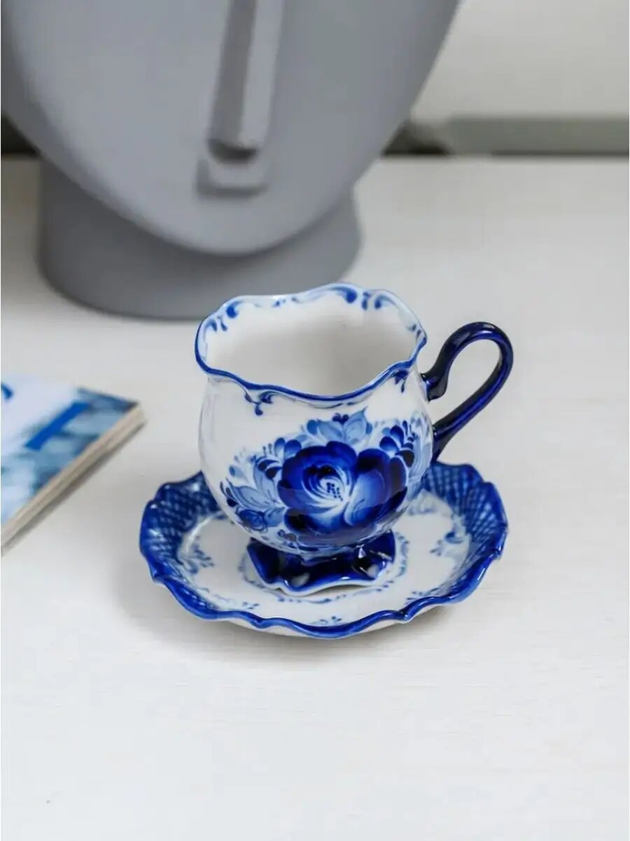 Кофейная пара Гжель "Тюльпан", фарфор, для СВЧ, для посудомойки, с декором, бело-синяя, 2 шт.