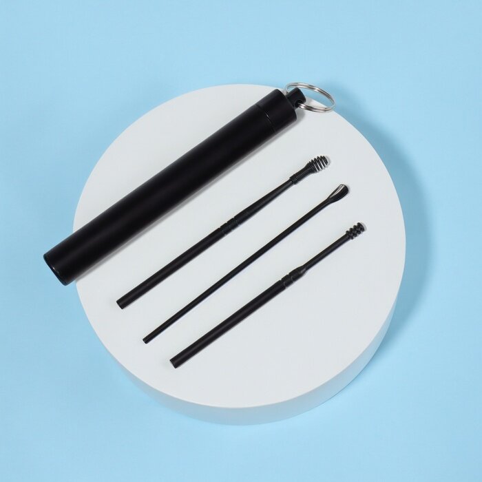 Набор для чистки ушей, 3 предмета, d=1.2×10 см, в футляре, чёрный