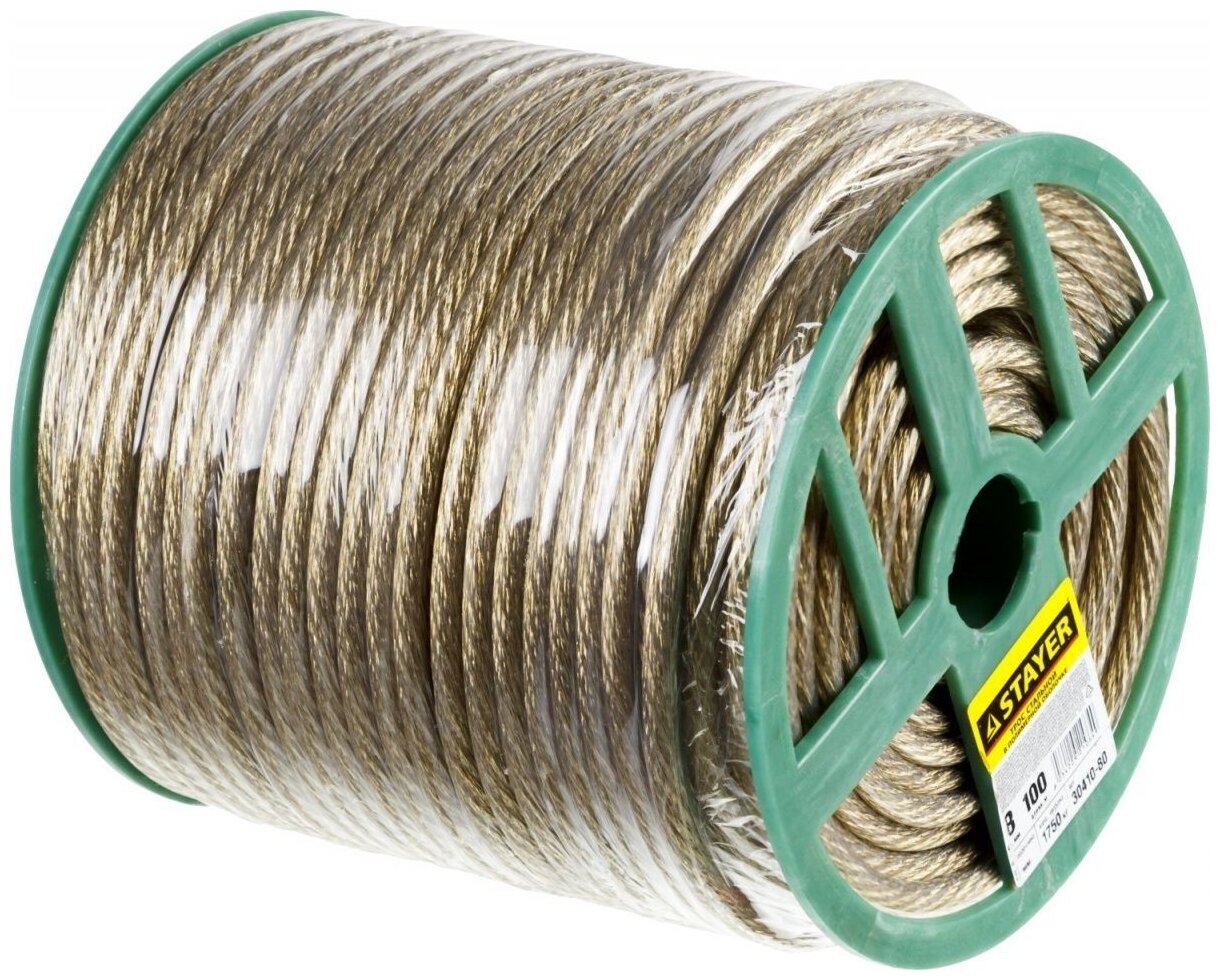 Трос стальной в полимерной оболочке, d=8,0 мм, L=100 м, STAYER
