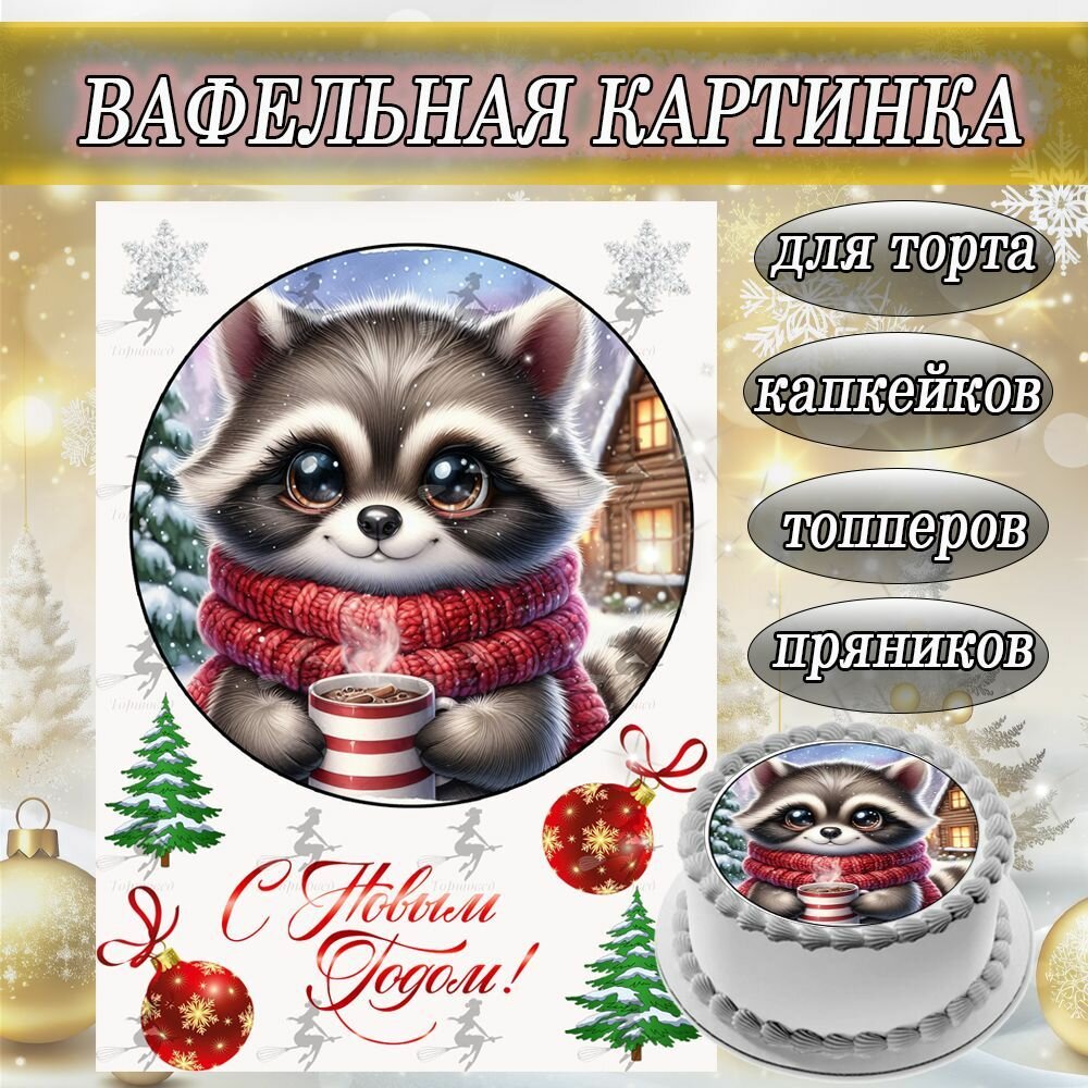 Вафельная картинка съедобная Новый Год и Рождество/Енот для торта и сладкого декора