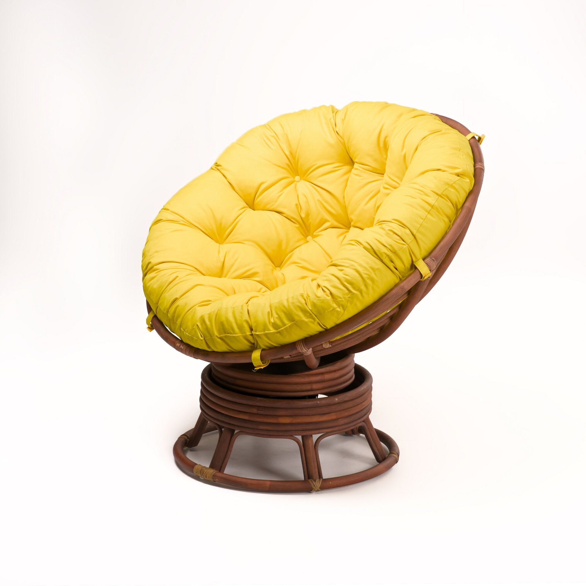 Кресло Папасан вращающийся из натурального ротанга 23/01В с желтой подушкой, цвет миндаль матовый