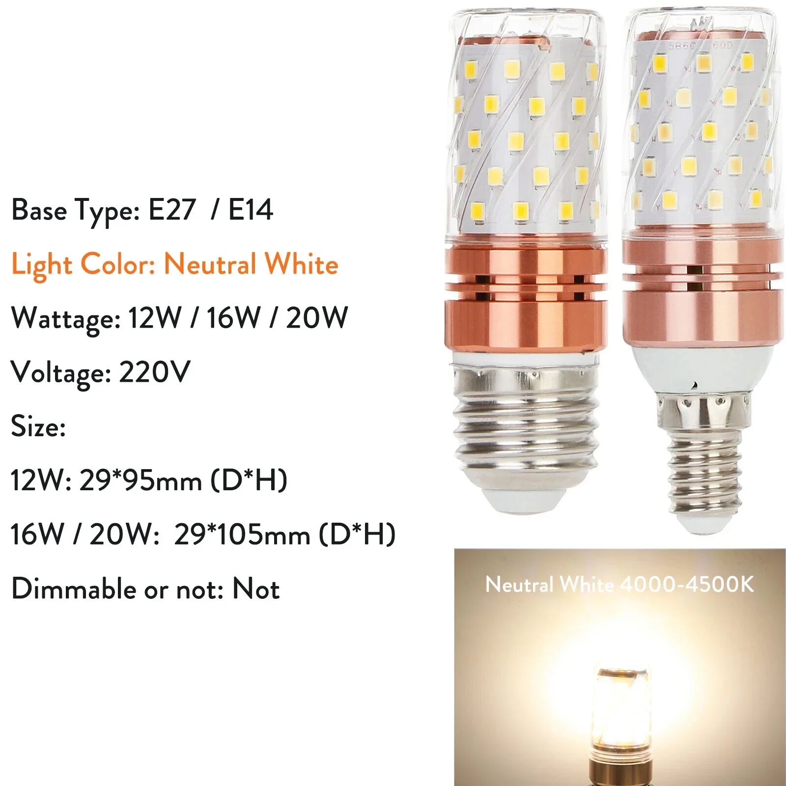 Эранпо Светодиодная лампа кукуруза E27 E14 12/16/20Вт белая Natural Light, E27, 16W