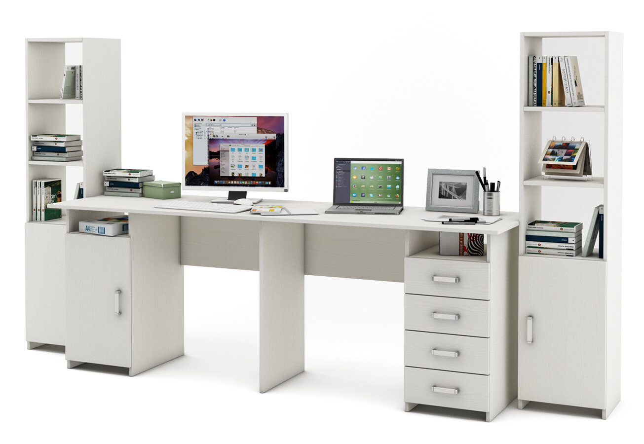 Стол письменный, компьютерный для школьника Лайт (Ньюкасл) 13 для двоих белое дерево