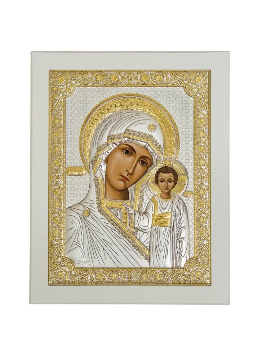 Икона серебряная, греческая Казанская БМ, 210х260 мм.