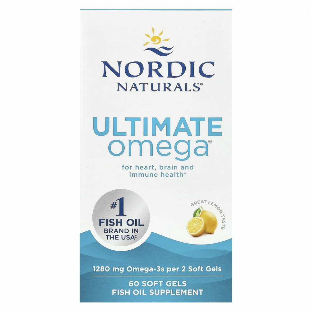 Nordic Naturals, Ultimate Omega, высокоэффективные омега-3 кислоты, со вкусом лимона, 60 капсул (640 мг в 1 капсуле)