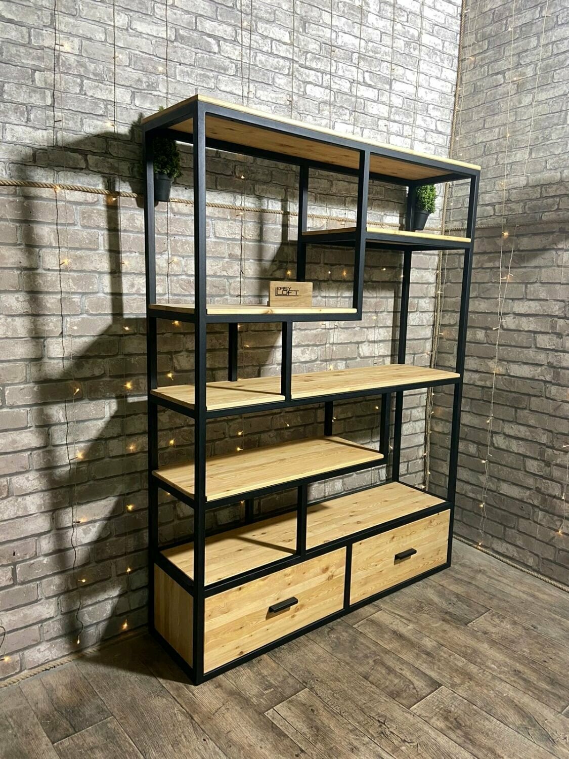Стеллаж "EasyLOFT" в стиле лофт, с ящиками, массив лиственницы, 150х40х200 см.