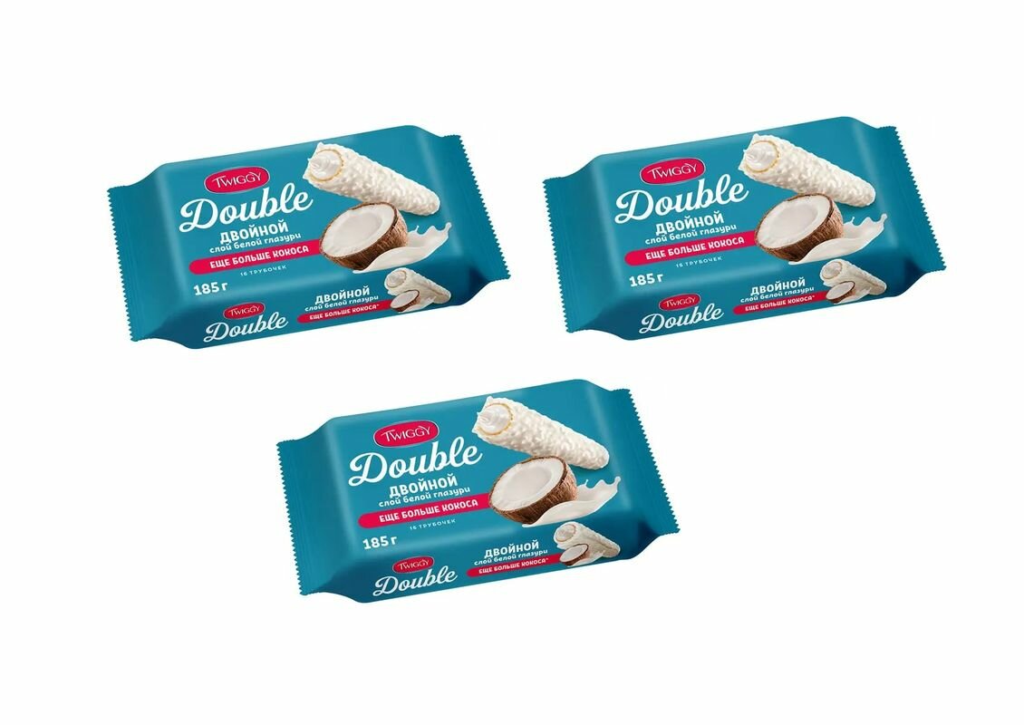 TWIGGY Трубочки вафельные Double, с кокосом, в белом шоколаде, 185 гр, 3 уп.