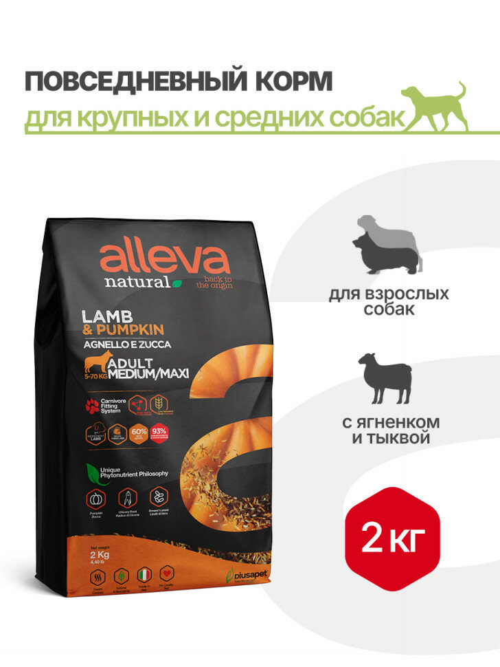 Alleva Natural Adult Lamb & Pumpkin Medium/Maxi 2кг сухой корм для взрослых собак с ягненком и тыквой 2 кг