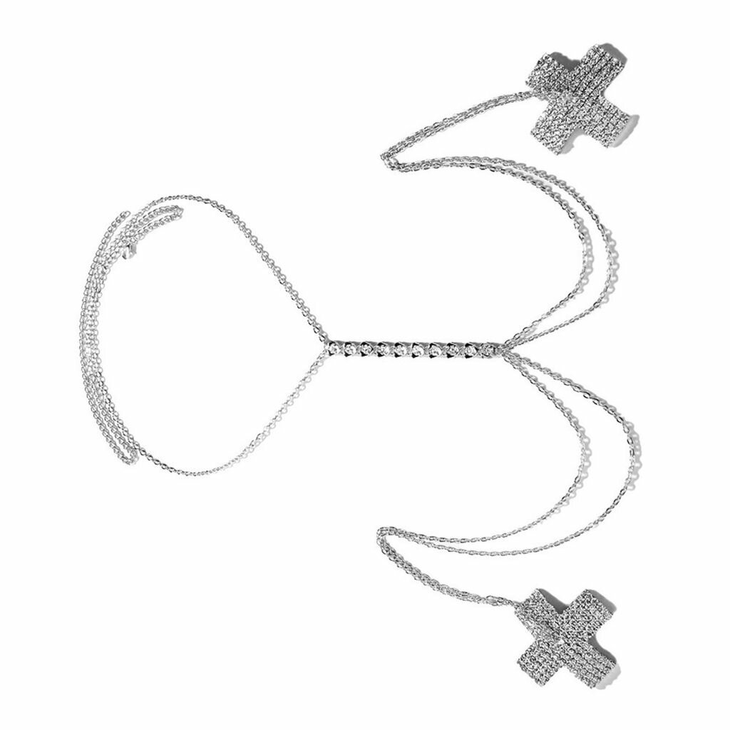 Многослойная цепочка с крестом на груди party sexy halter rhinestone body chain серебристого цвета