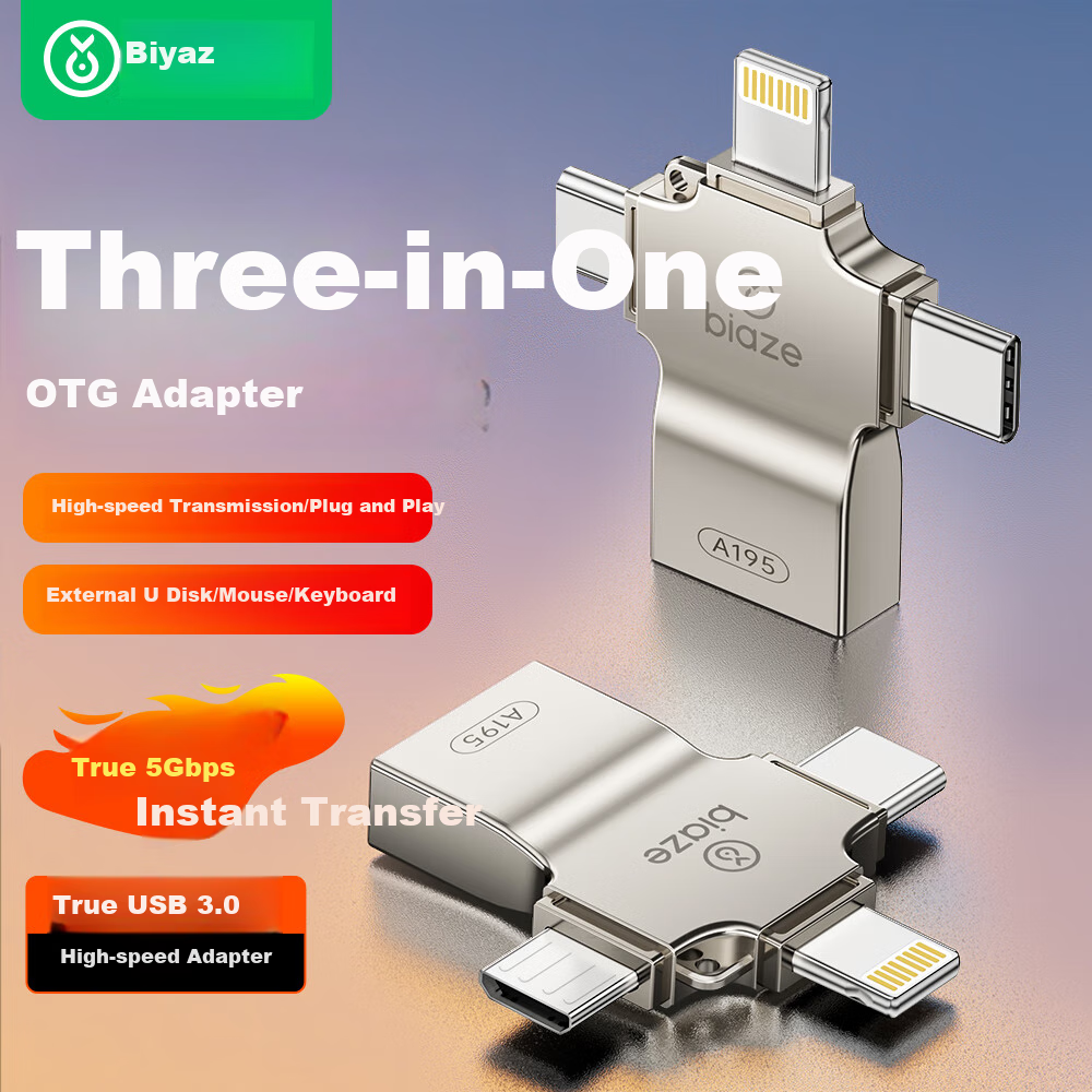 BIAZE 3-in-1 OTG Adapter for Apple Type-C Android Phones External U Disk Keyboard Mouse USB Converter Adapter for iPhone 16/15 Pro Max Tablet Computer