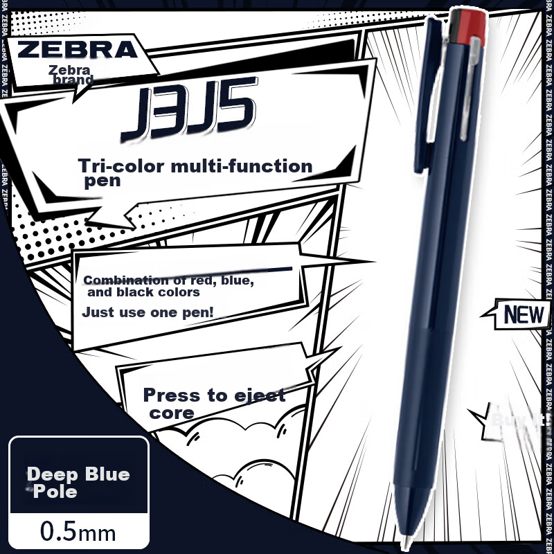 ZEBRA Multi-Function Three-Color Gel Pen, Black/Blue/Red 0.5mm Retractable Multi-Color Pen, Student Business Office Signing Pen J3J5, Dark Blue Barrel