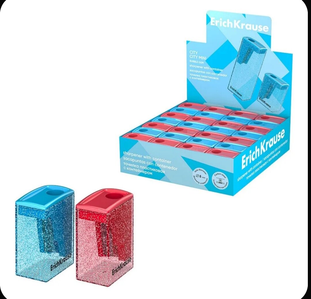 Точилки ERICH KRAUSE City Mini Bubble Gum, с контейнерами, пластиковые, ассорти, 28 штук