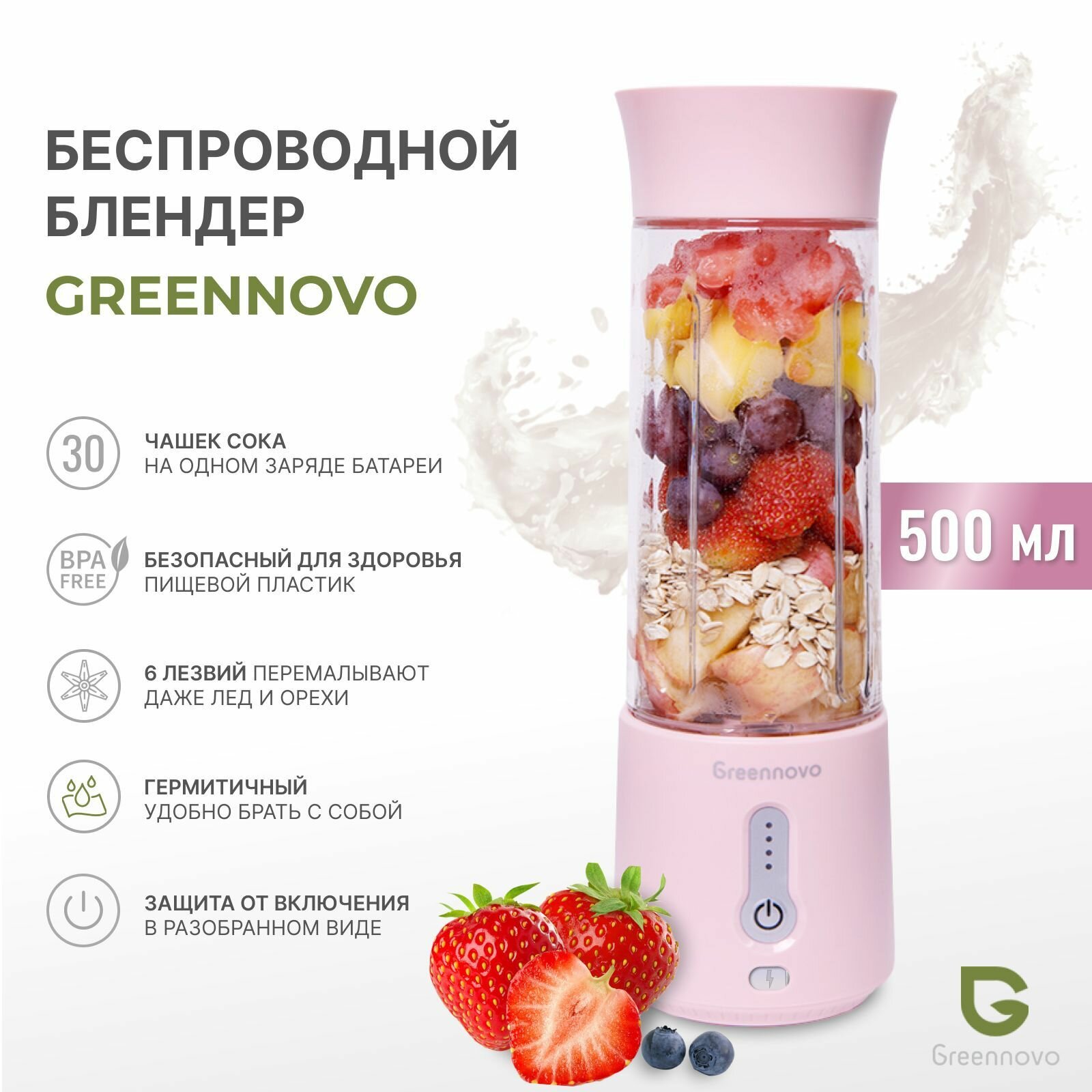 Портативный беспроводной блендер розовый GREENNOVO для смузи, коктейлей, спортивного питания, льда, орехов / измельчитель /