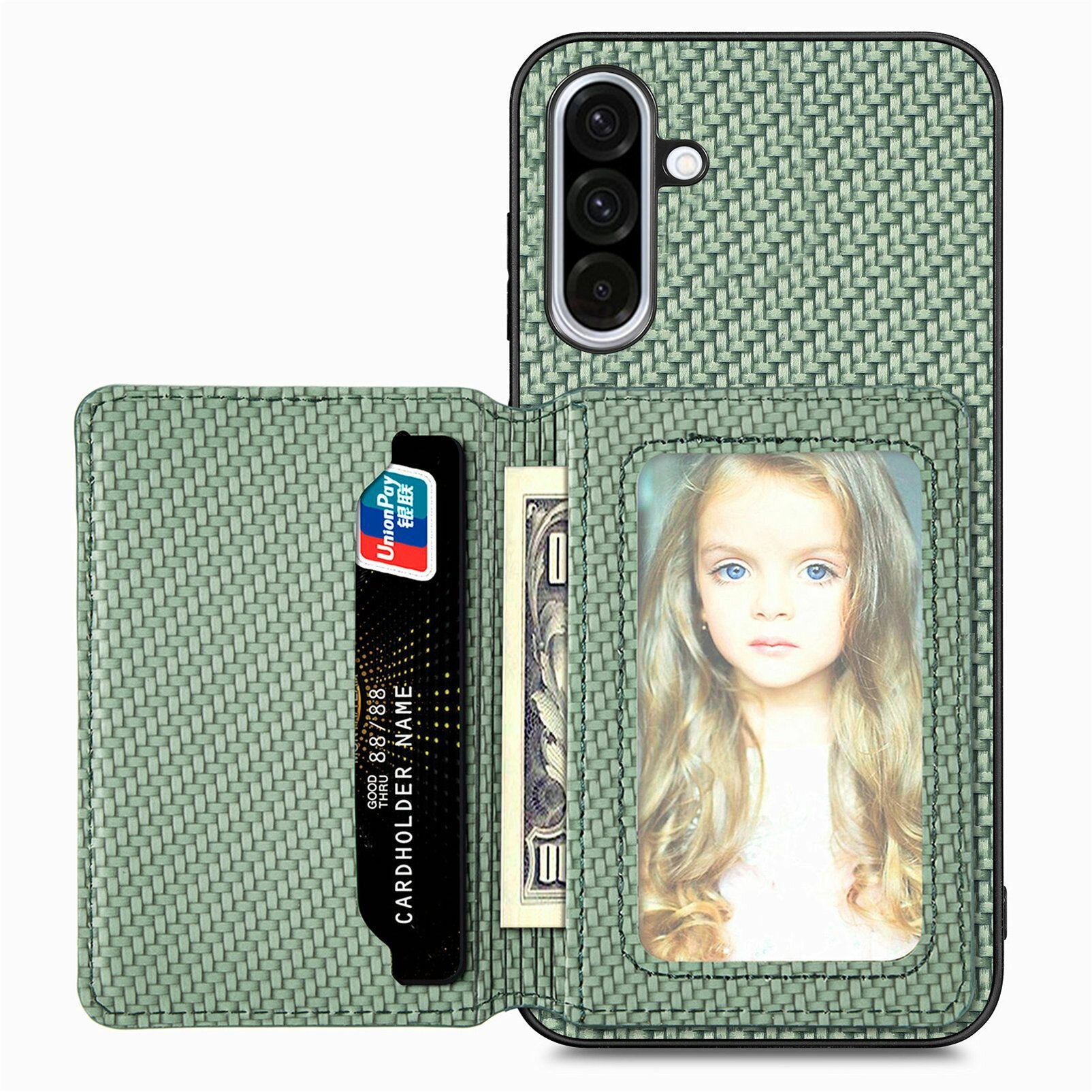 Чехол на Samsung Galaxy A55 / Самсунг Галакси А55 с картхолдером, кожаный чехол с карбоновой текстурой(зеленый)