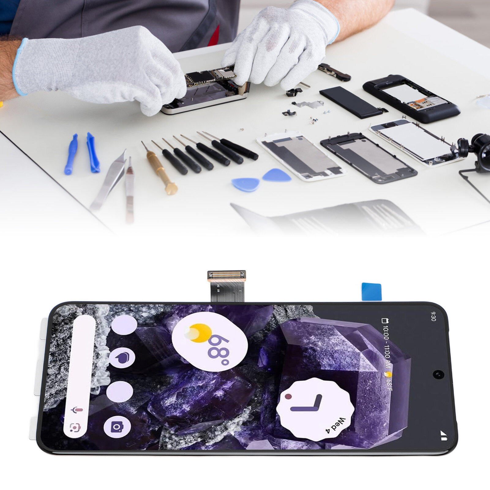 Замена экрана 6.2 дюйма для Pixel 8 5G GKWS6 G9BQD с поддержкой отпечатка пальца 3D Touch LCD экран с дигитайзером и инструментами для ремонта, разрешение 1080x2400px, технология отображения AM Organic LED, материал стекло