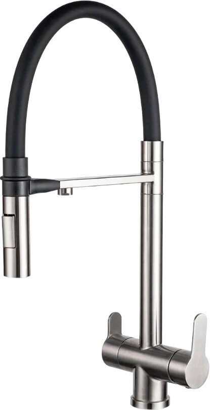 Смеситель для кухни Zorg Sanitary SZR-3030 с гибким изливом, с краном для питьевой воды, с поворотным изливом, черный, матовый, однорычажный, нержавеющая сталь, с керамическим картриджем