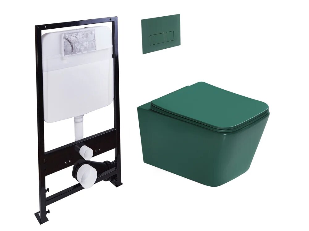 Комплект Унитаз подвесной SantiLine SL-5007T-G безободковый, с микролифтом, система смыва Tornado, зеленый матовый / Инсталляция SantiLine SL-01 с кнопкой смыва зеленой матовой