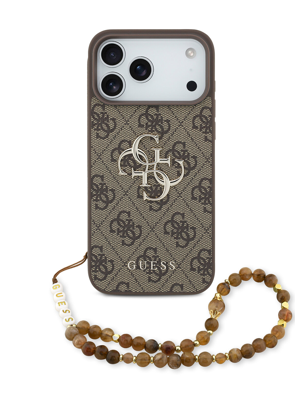 Чехол Guess на iPhone 17 Pro Max, со шнурком из бусин на запястье, из экокожи с принтом 4G, коричневый