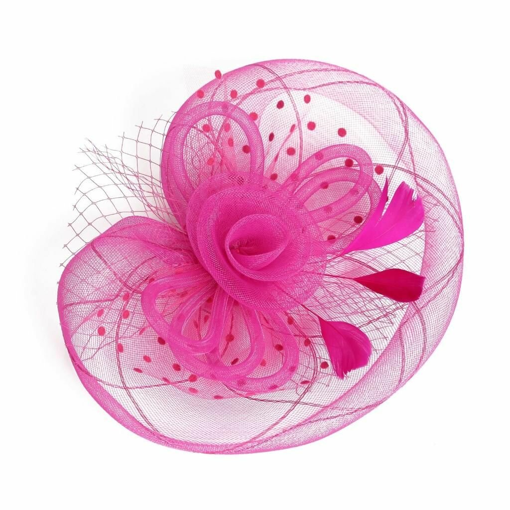 Элегантная шляпка-федора с перьями и цветами, Розово-красный