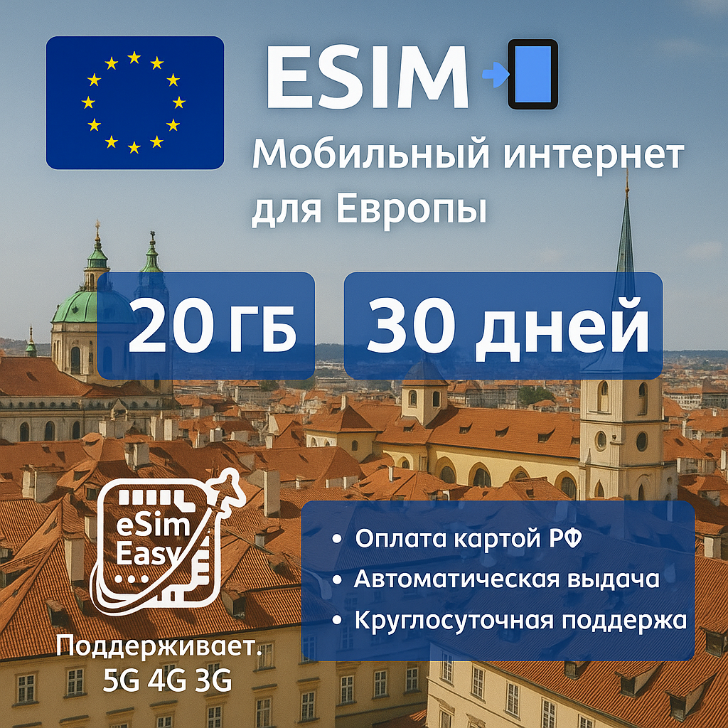 ESIM, 20 Гб на 30 дней, для интернета в Европе, для телефона и планшета, 4G, 3G, электронный ключ