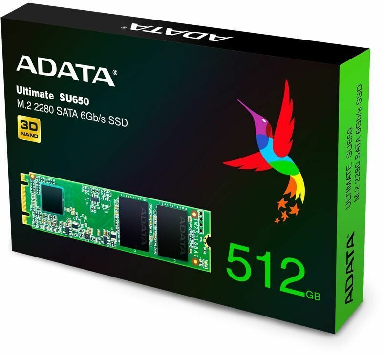 512 ГБ SSD M.2 накопитель A-DATA Ultimate SU650 (ASU650NS38-512GT-C) - SATA 3, чтение - 550 Мбайт/сек, запись - 510 Мбайт/сек, 3D NAND, 3 бит TLC