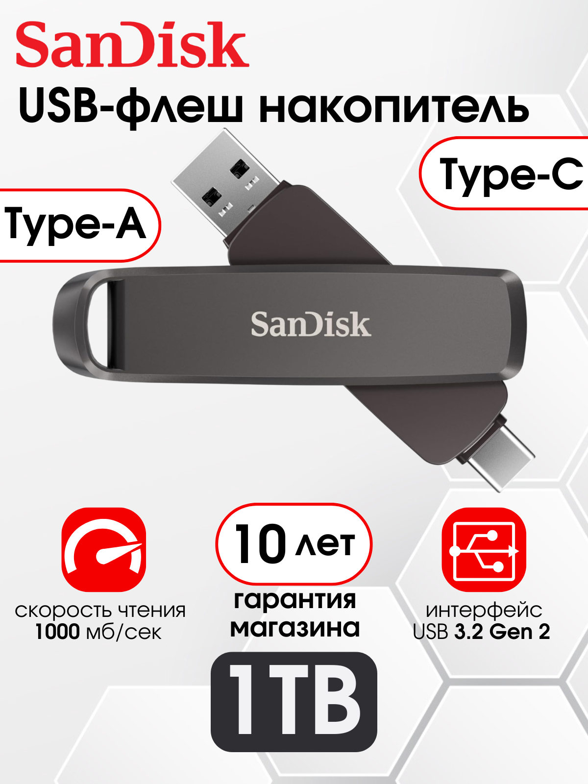 Флеш-накопитель SanDisk Extreme PRO Dual Drive USB Type-C, Type-A, 1 ТБ, 1000 МБ/с (SDDDE1-1T00-G46), серый