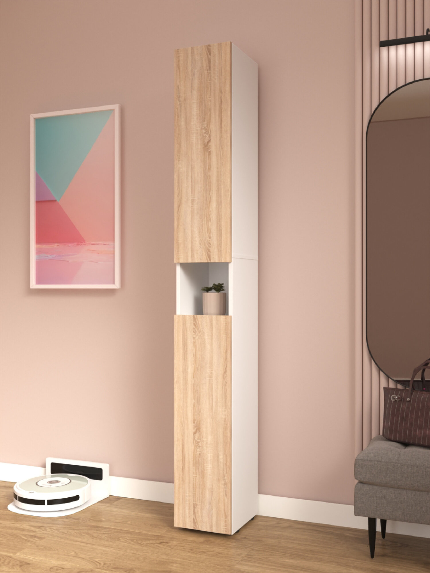 Шкаф-пенал Milkstone "Белый-Дуб", регулируемые ножки, 198х25х32 см