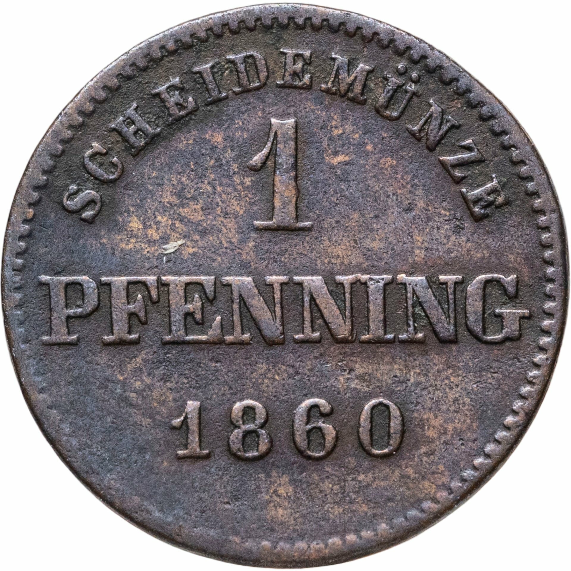 Бавария 1 пфенниг 1860, Медь, в сохранности VF