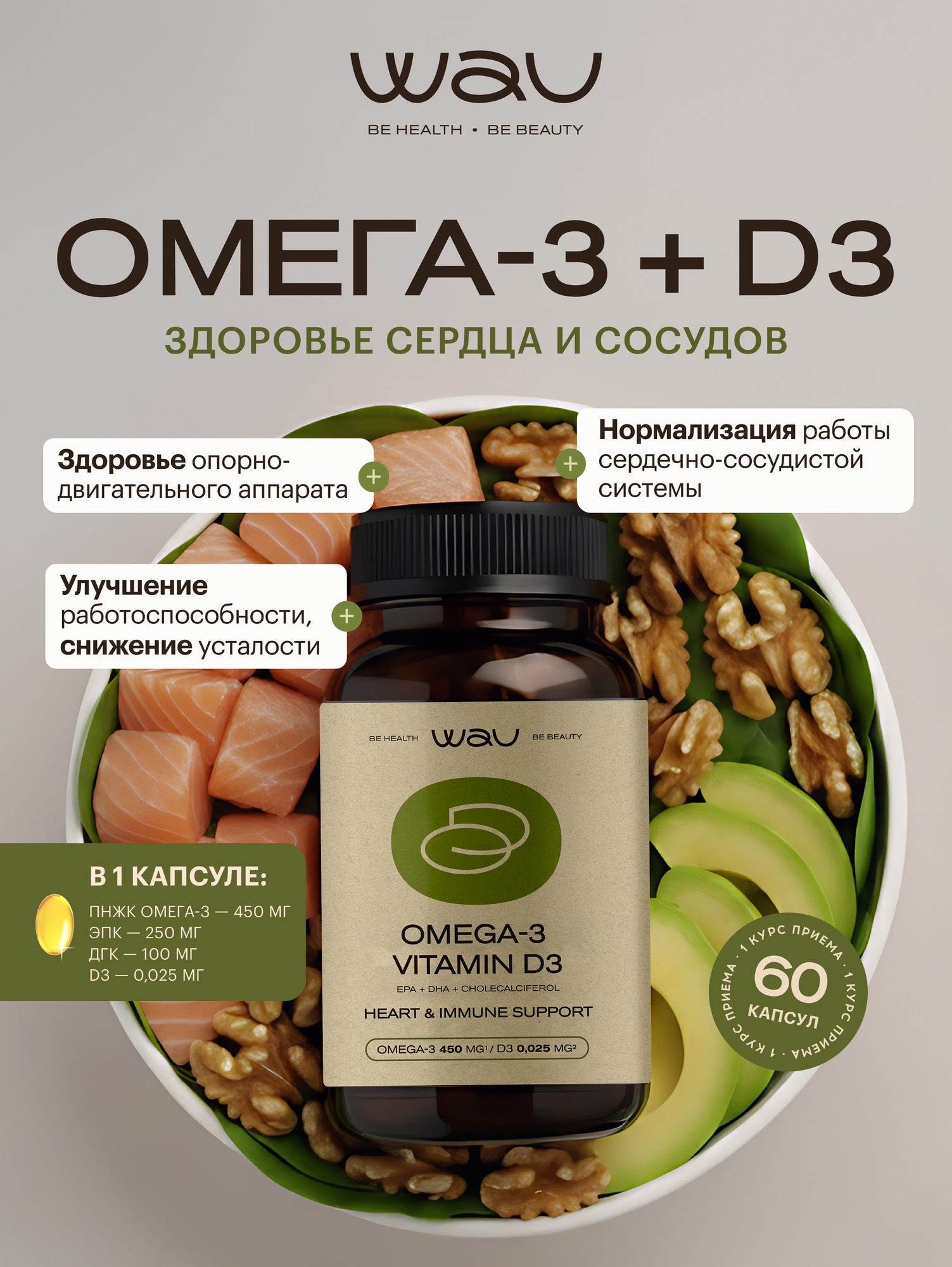 WAU Комплекс витаминов OMEGA-3 + D3, омега 3 и витамин Д3, для сердца