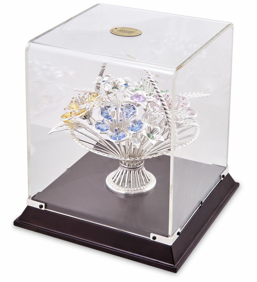 Композиция Цветы серебристая в подарочной коробке с цветными кристаллами
