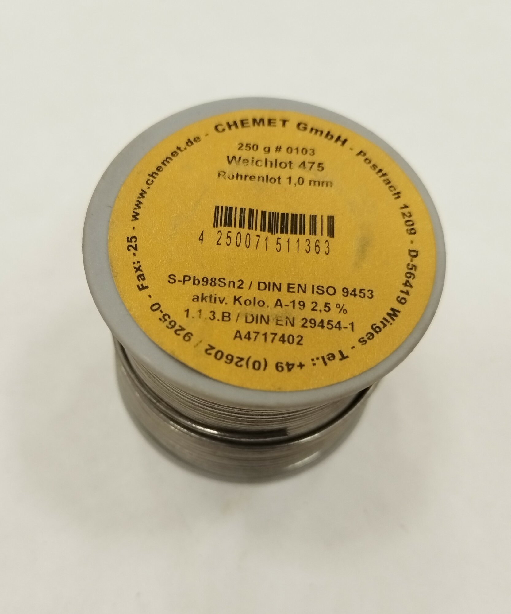 Припой Chemet мягкий 471, с флюсом A-19-2,5%, диаметр 1 мм, на катушках по 250 г, S-Pb98Sn2, A4717402