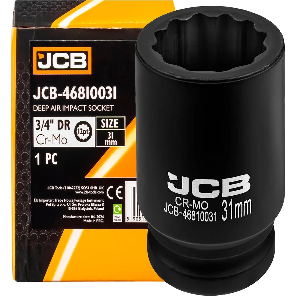 Головка ударная глубокая 12‑гранная JCB 31 мм 3/4DR JCB-46810031 торцевая, крепление с отверстием, из прочного