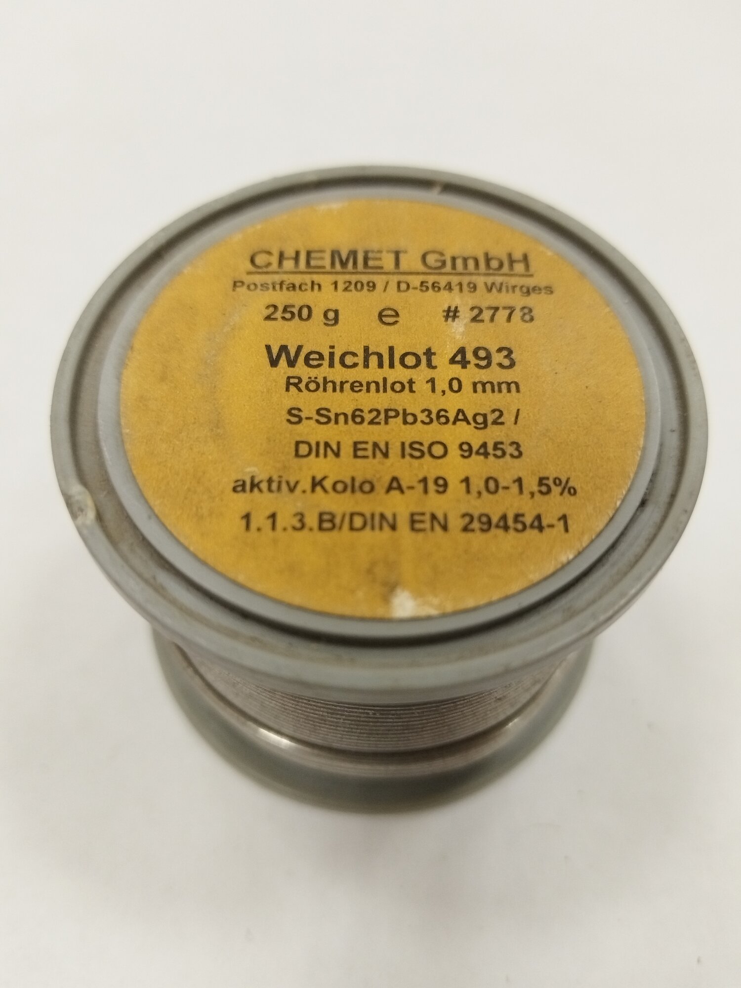 Припой Chemet мягкий 493, с флюсом A-19-1%-1,5%, диаметр 1 мм, на катушках по 250 г, A4937702