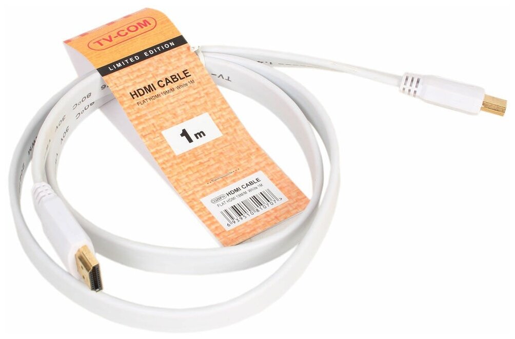Кабель Hdmi- Hdmi 1m Tv-com v1.4, 19M/19M, белый, плоский [cg200fw-1m]