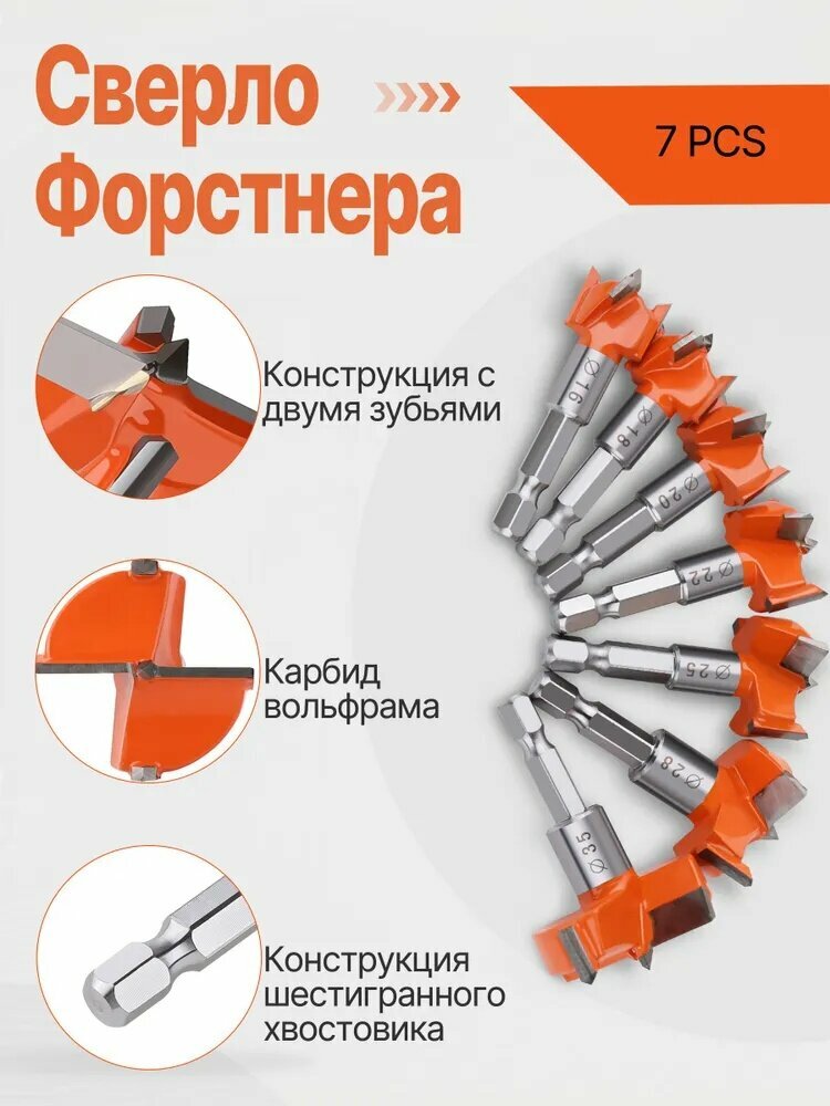 Сверло фреза Форстнера по дереву с победитом 16-35 мм (с шестигранным хвостовиком 6,35 мм)