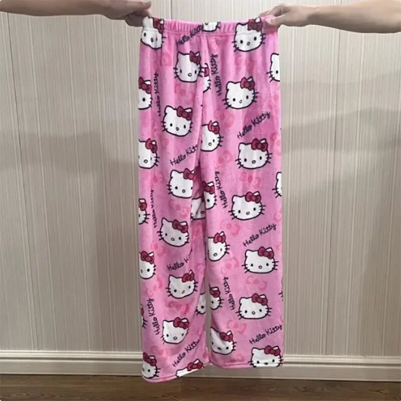 MINISO Женская фланелевая пижама с мультяшным рисунком Hello Kitty на Хэллоуин, осень-зима, на флисовой подкладке, теплая, повседневная, домашняя одежда, брюки с граффити, Размер: М