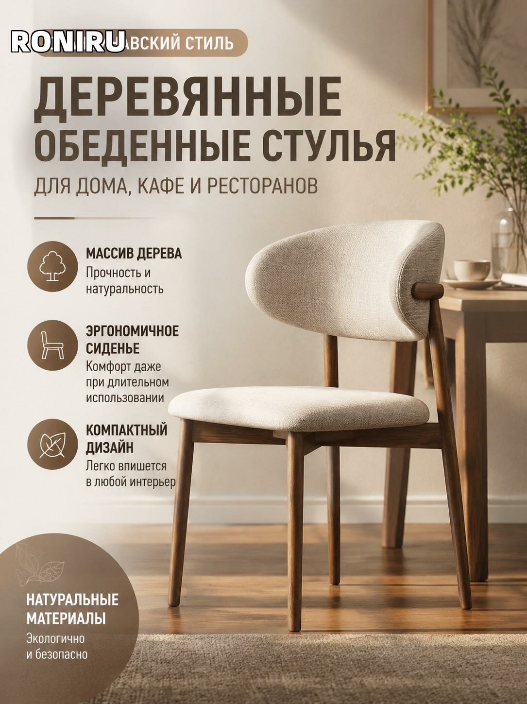 Деревянные обеденные стулья в скандинавском стиле — удобное сиденье, компактный дизайн для столовой, гостиной и кафе
