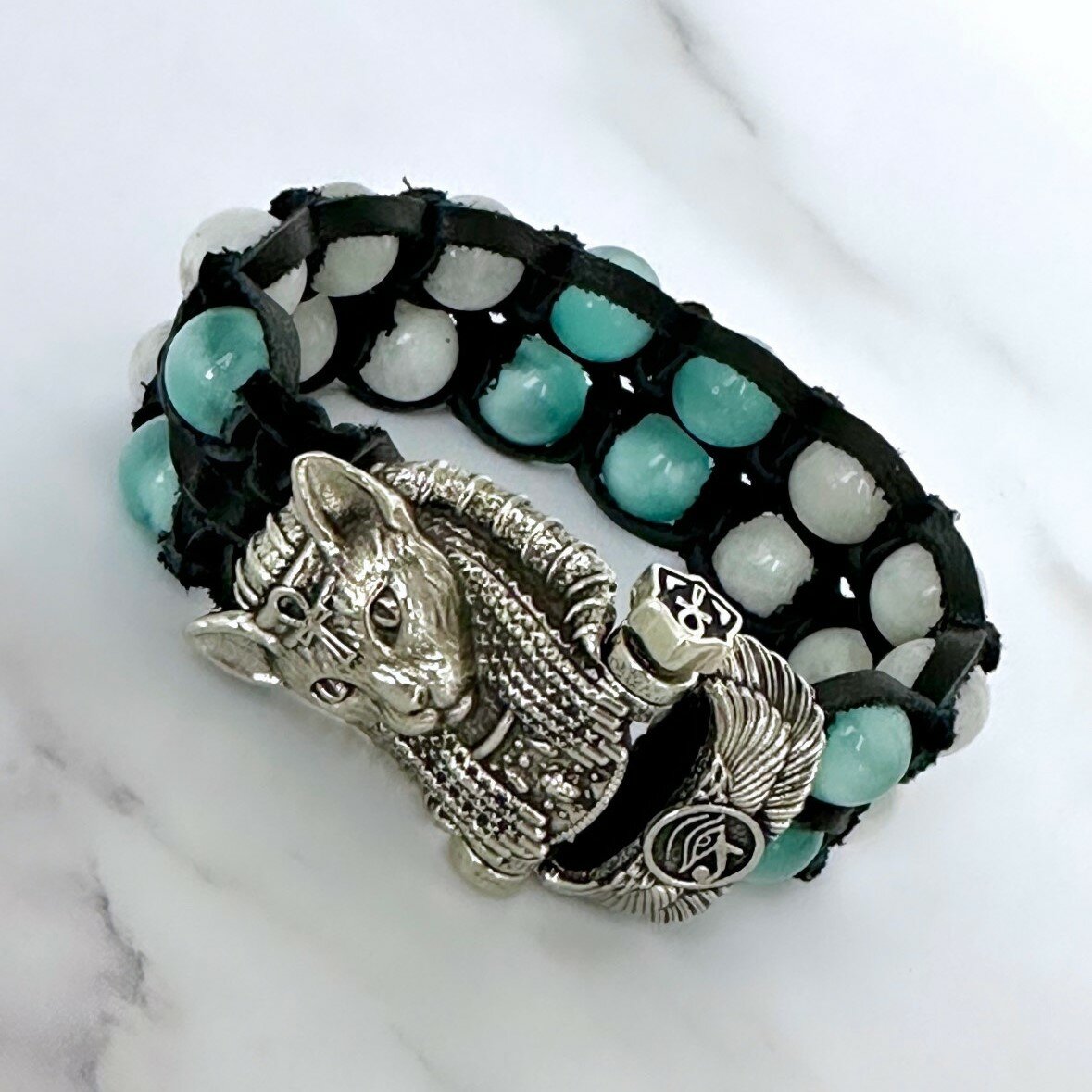 Плетеный браслет, лунный камень, ангелит, кожа