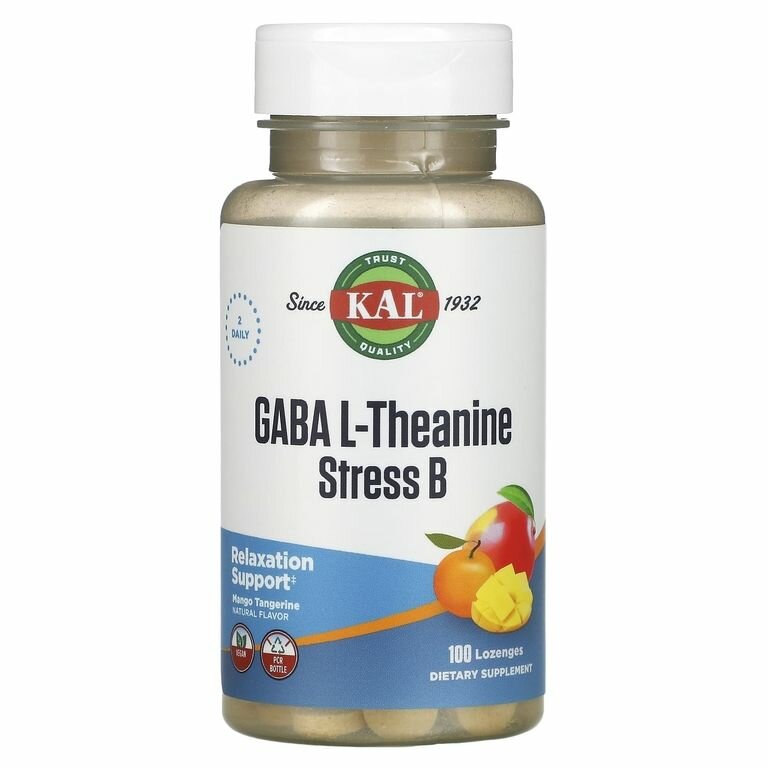 KAL, GABA L-Theanine Stress B, гамк л-теанин, вкус манго и танжерина, 100 таблеток