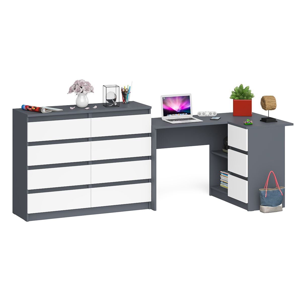 Угловой компьютерный стол для дома 245см графит/белый Спасибо-Мебель
