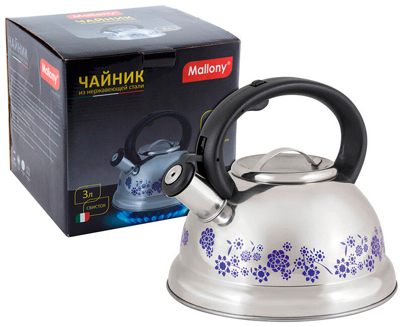 Чайник для плиты Mallony MAL-0417B, из нержавеющей стали, 3.0 л, меняющий цвет рисунок, капсульное дно (002103)
