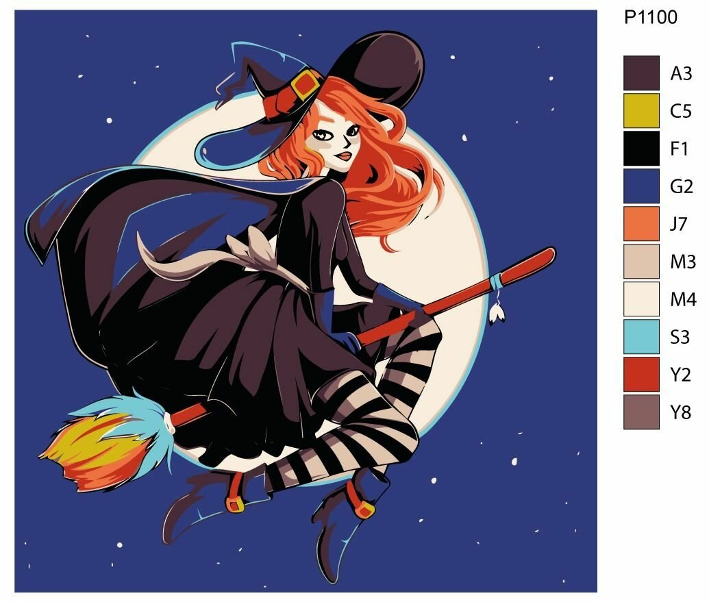 Детская картина по номерам P1100 "Ведьма на метле" 30x30