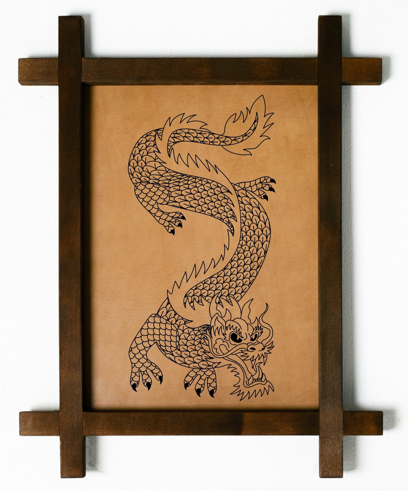 Интерьерная картина из натуральной кожи "Дракон", декоративное настенное панно в деревянной раме, BoomGift